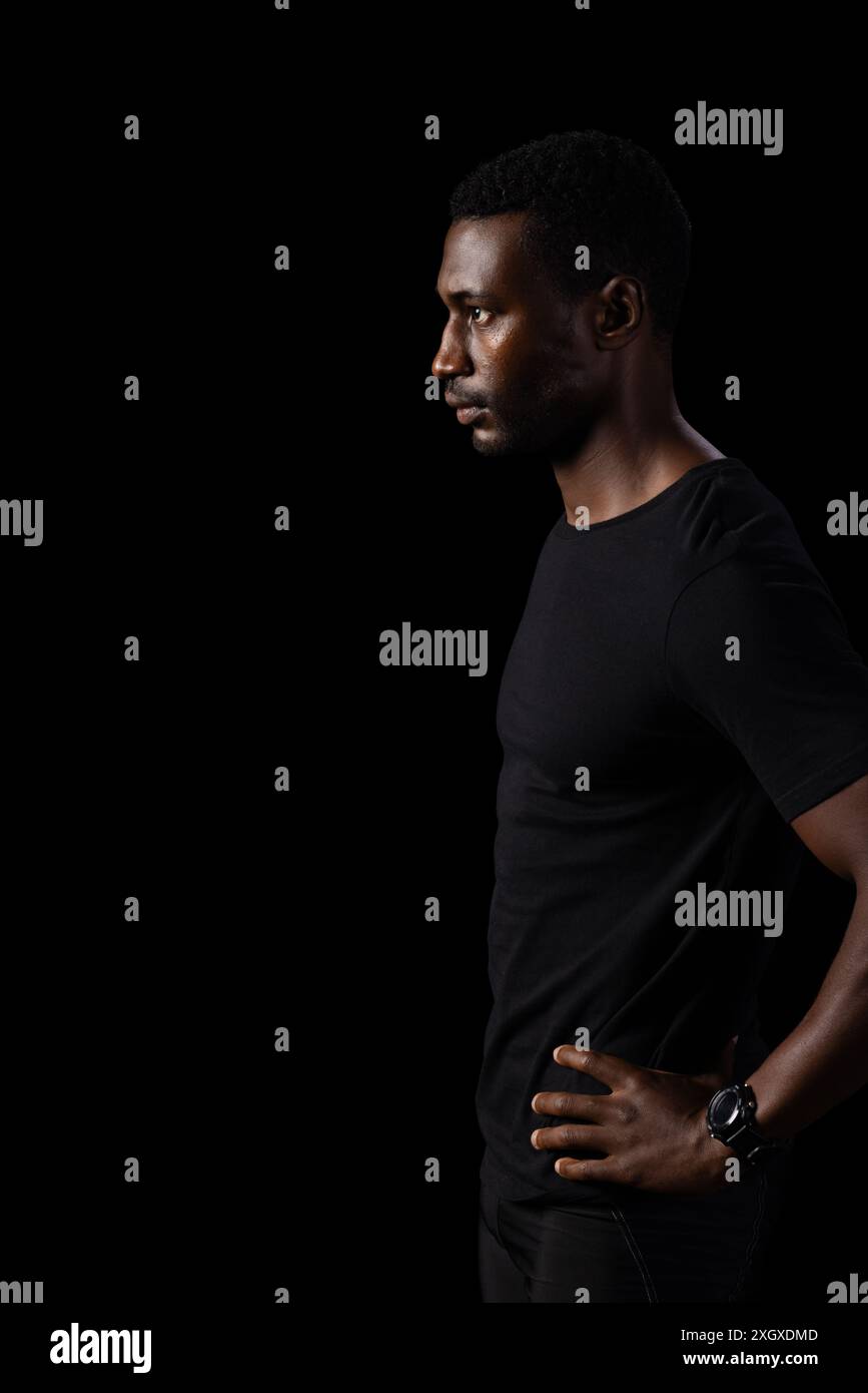 African American man in a contemplative pose, with copy space on a ...