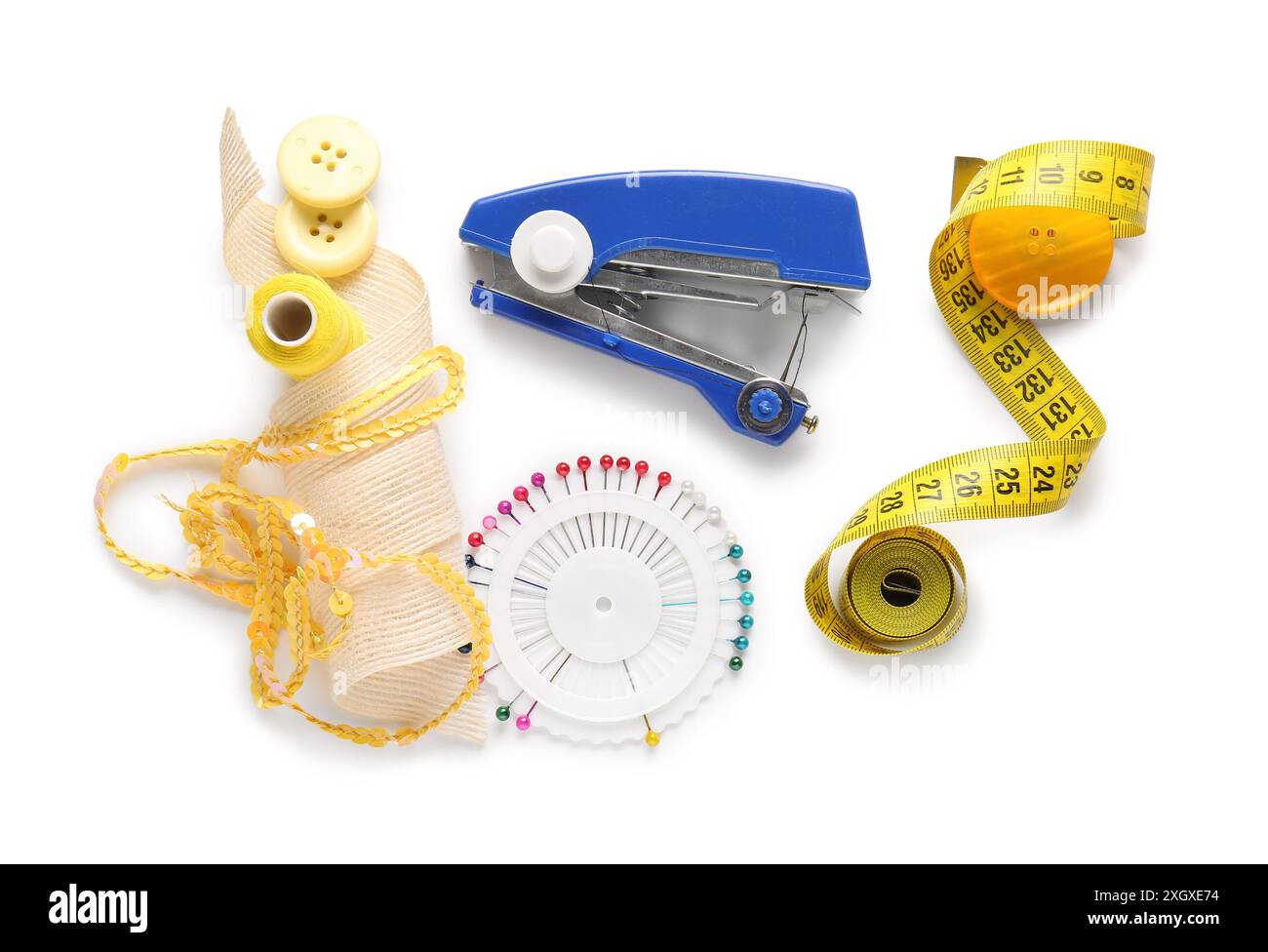 Manual sewing machine with set of tailor's supplies isolated on white ...