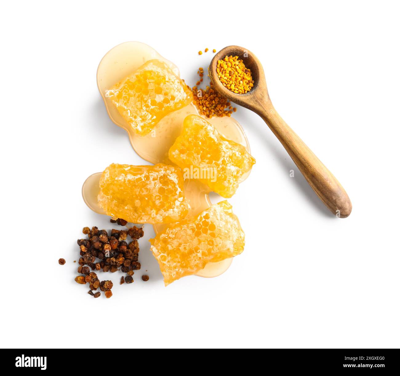 Sweet honeycombs, bee pollen and beebread on white background Stock ...