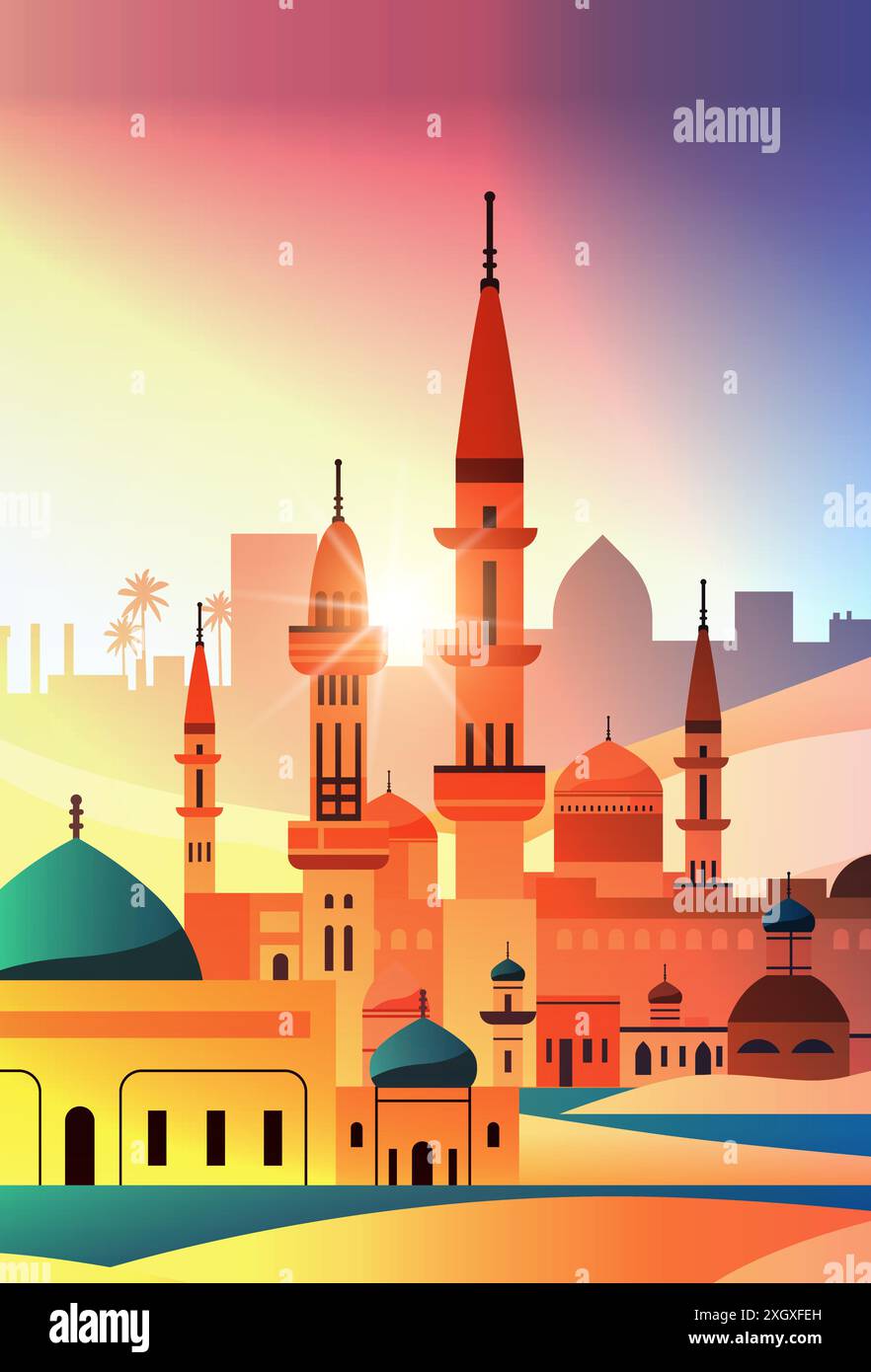 Middle Eastern skyline with minarets and domes colorful sunset ...