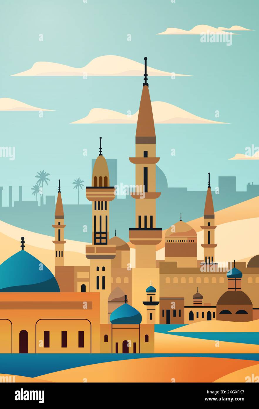 Middle Eastern cityscape with domes and minarets desert background palm ...