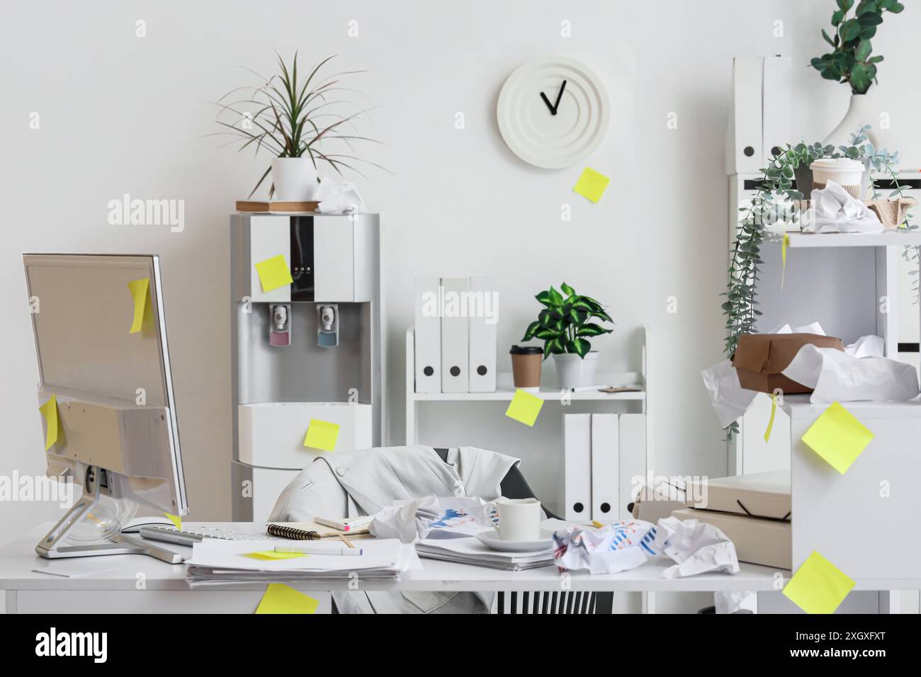 Interior of messy office with workplace, shelf units and cooler Stock ...