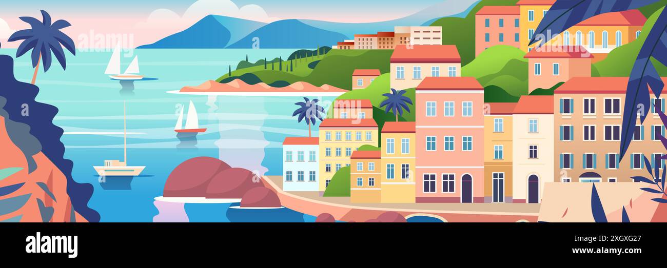 Mediterranean coastal town colorful buildings sailboats palm trees ...