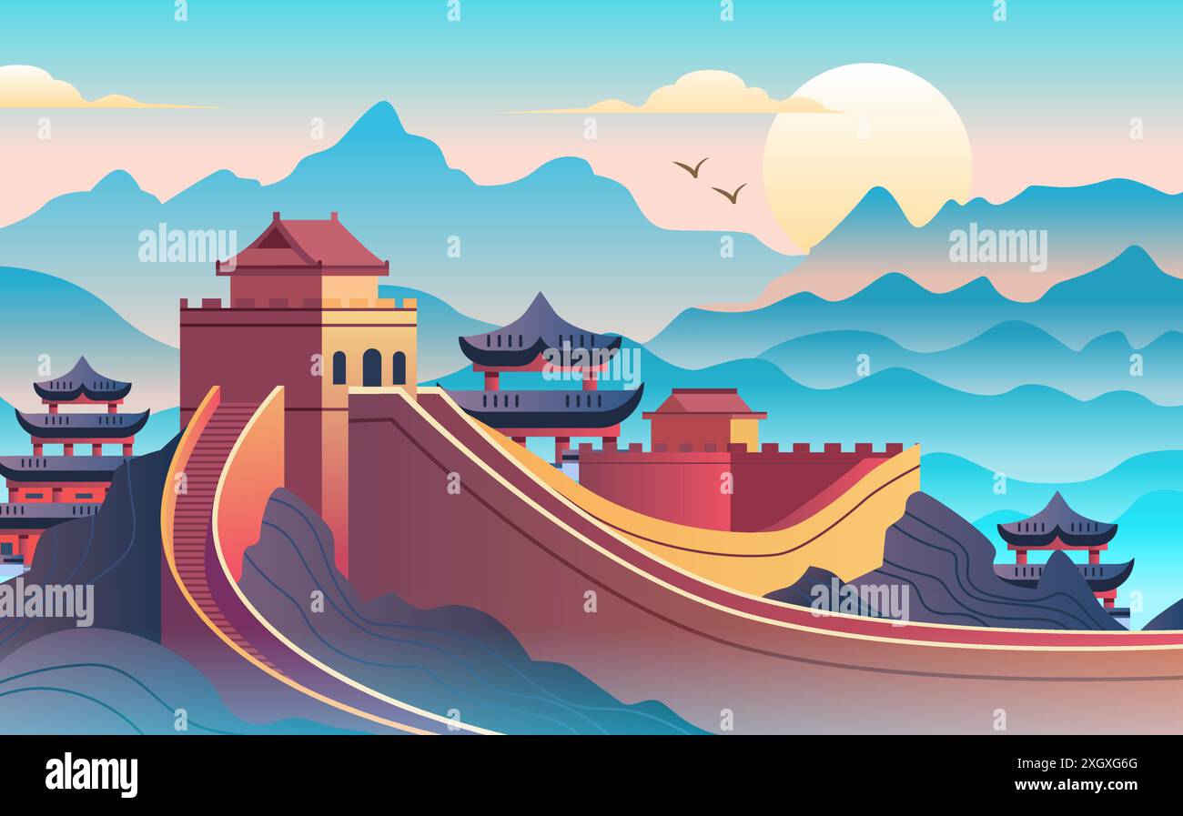 Great Wall of China travel destination vibrant landscape with mountains pagodas and sunrise ...