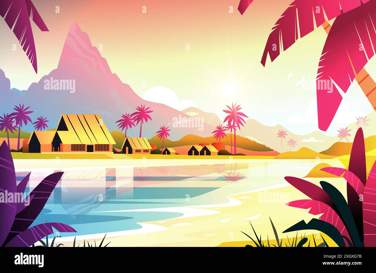 Tropical beach landscape with huts palm trees mountains and sunset ...