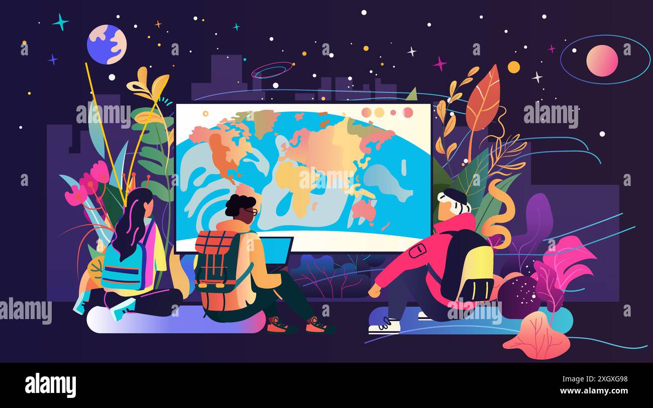People community exploring world map diverse group of individuals with ...