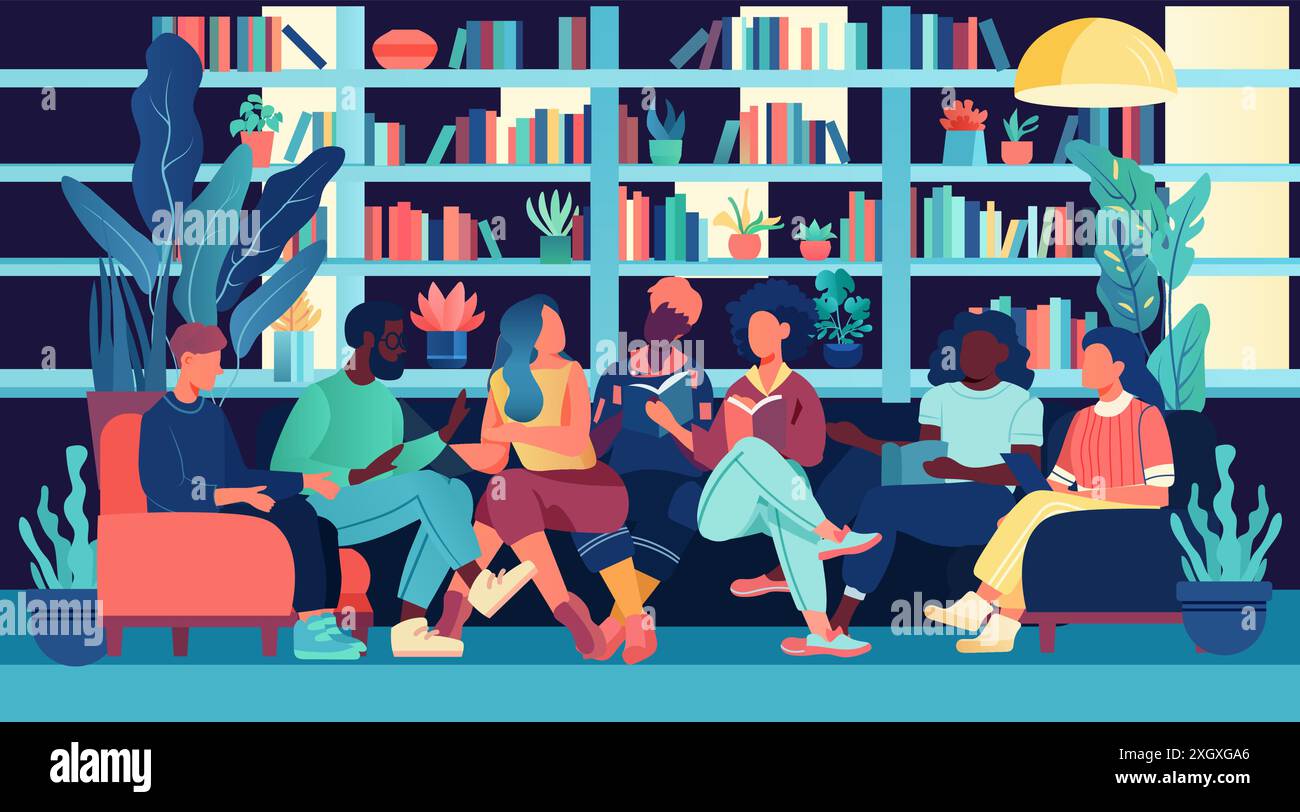 Community people group reading books library colorful plants shelves ...
