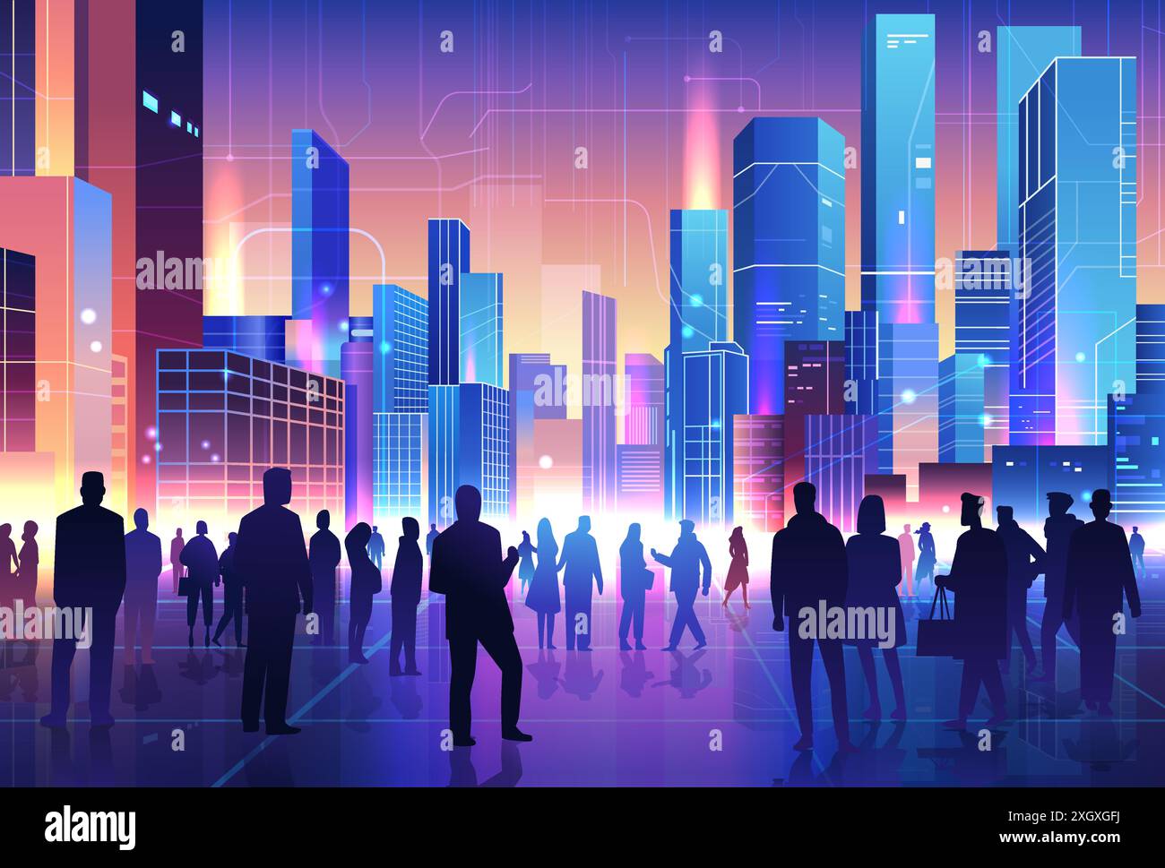 Silhouettes of people in futuristic cityscape digital urban environment ...