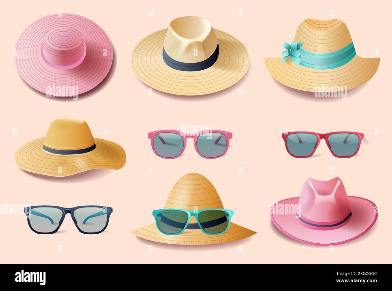 Summer hats and sunglasses collection featuring various styles and ...