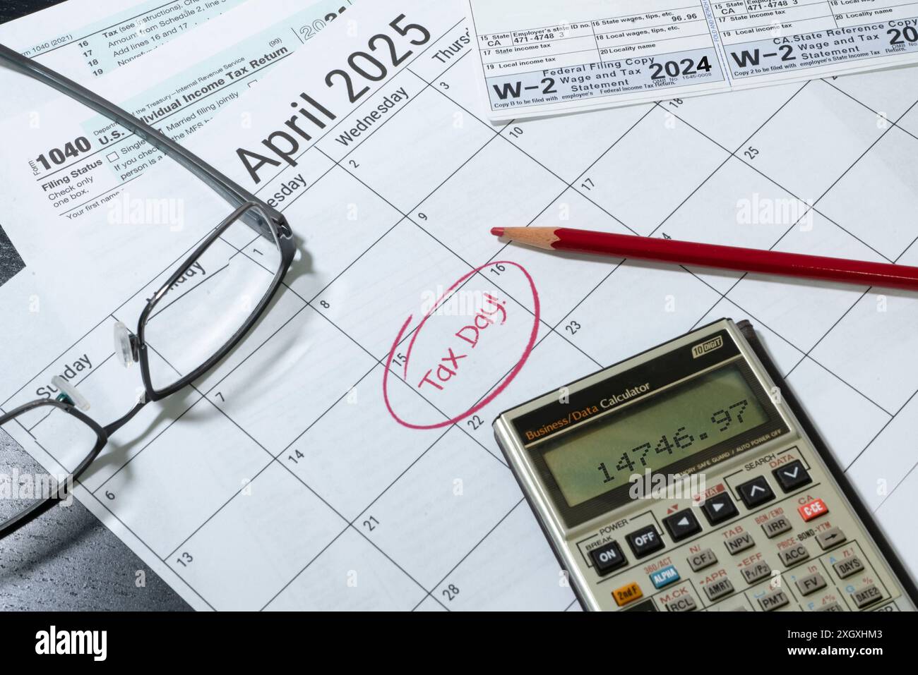 2024 US tax day calendar reminder with tax forms calculator and glasses ...