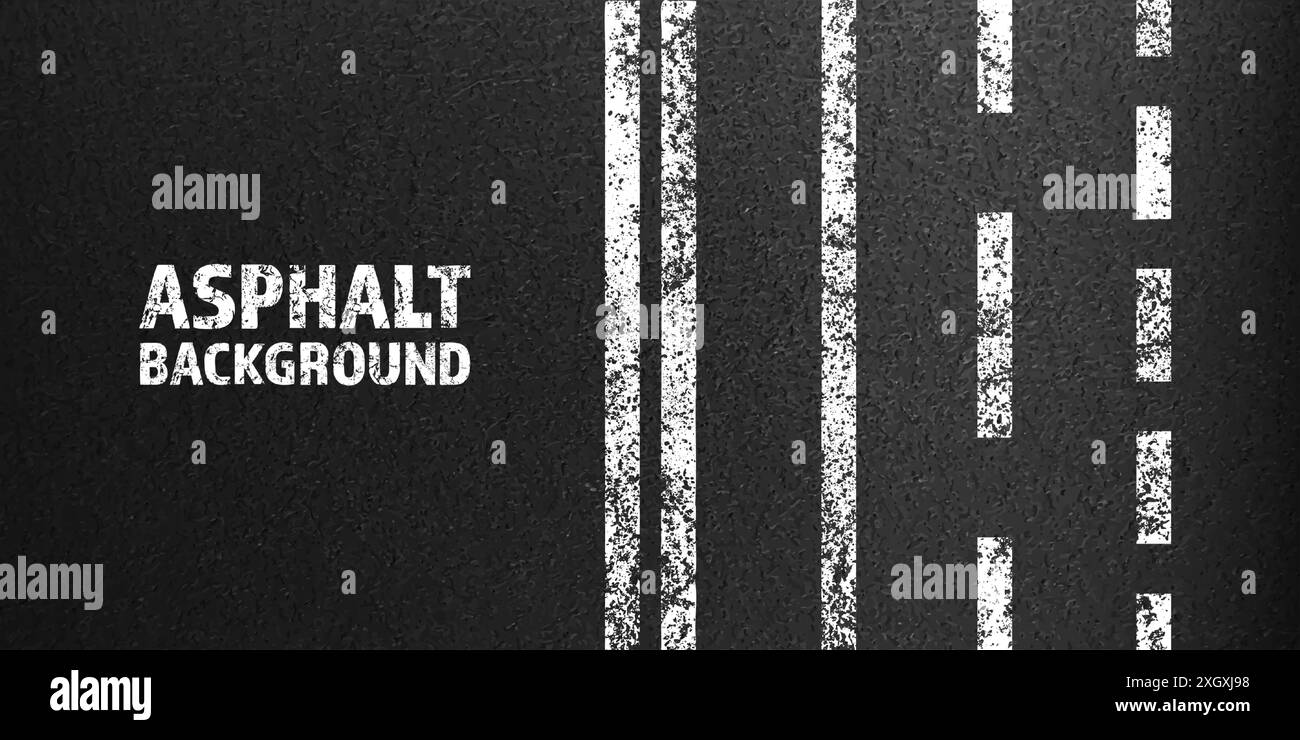 Asphalt road with white cracked lane marking, concrete highway surface ...