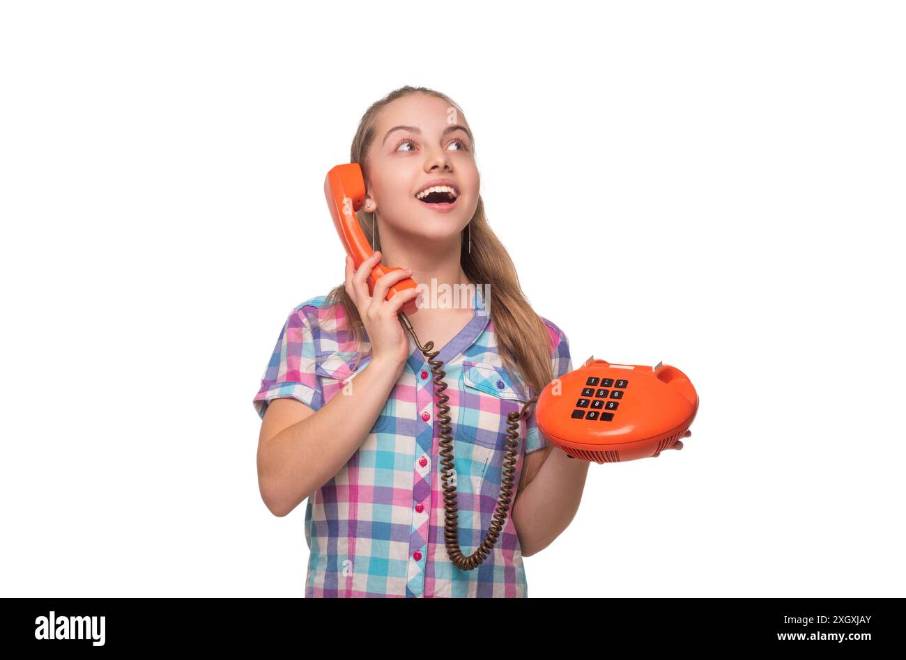 1950 style nostalgia. Telephone communication. Teen girl with retro ...