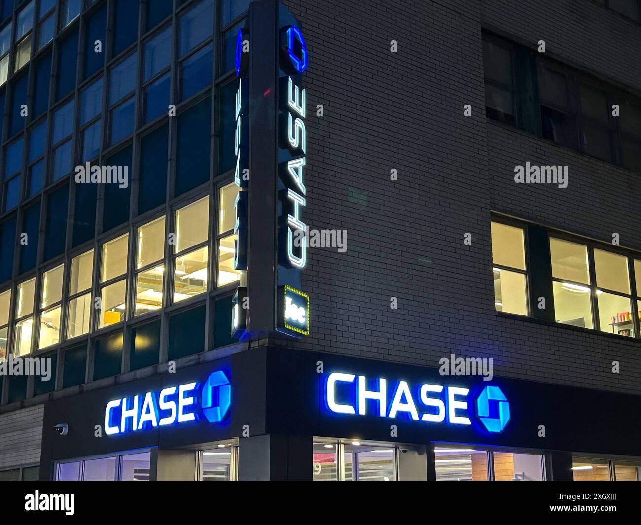 Chase retail bank office, building exterior at night, New York City ...
