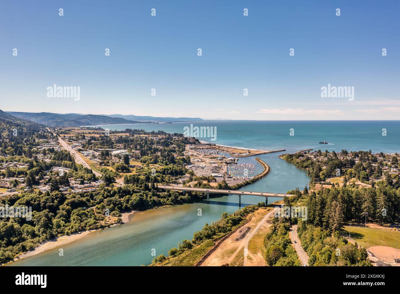 Aerial View of Chetco River Bridge and Harbor in Brookings, Oregon ...