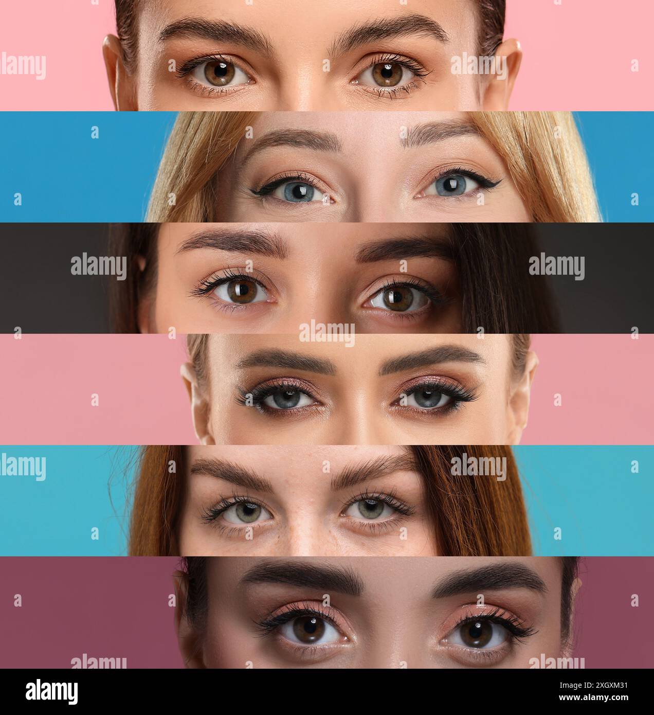 Different women on various color backgrounds, closeup. Collage of ...