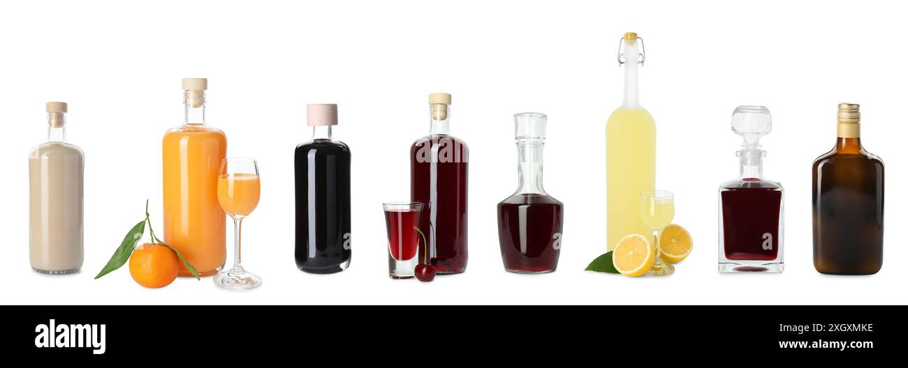 Collection of different tasty liqueurs on white background Stock Photo ...