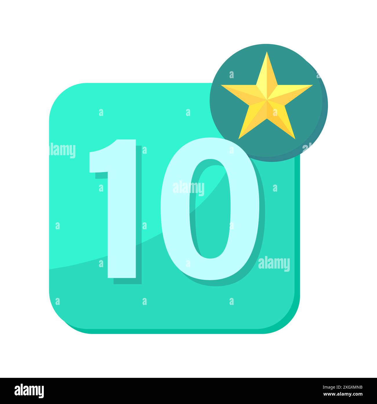 Number ten icon. Yellow star badge. Green background square. Vector ...