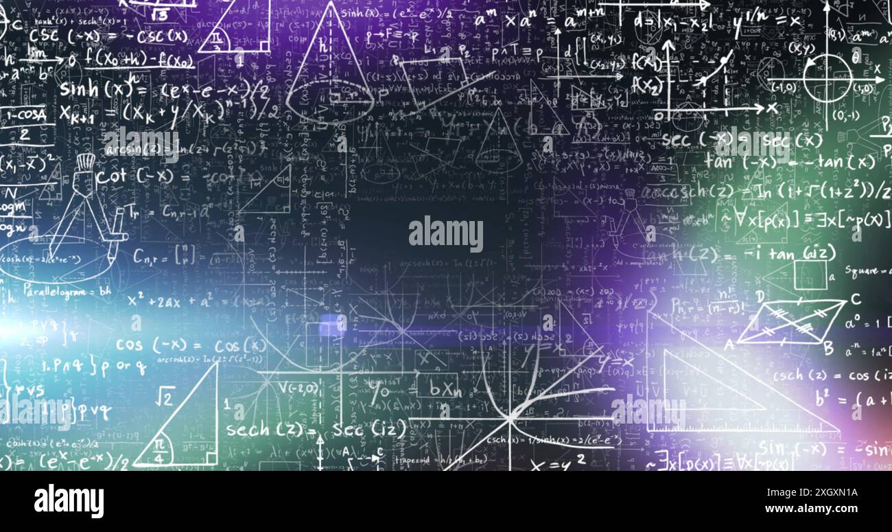 Image of mathematical equations and diagrams with lens flares over ...