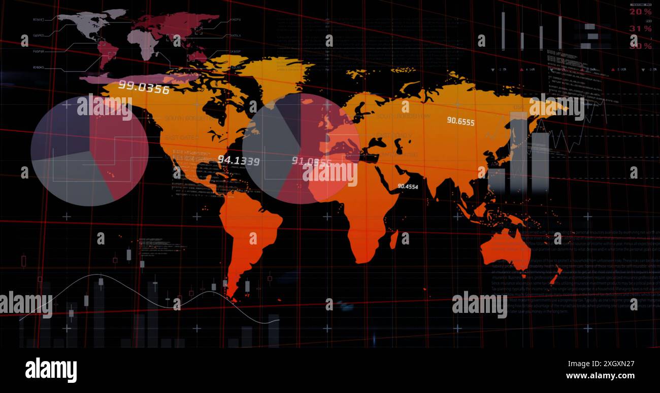 Image of multicolored infographic interface and map against black ...