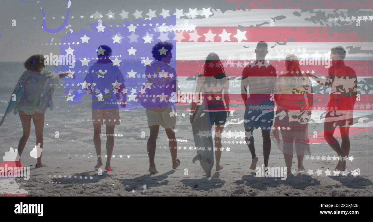 Image of flag of usa over happy diverse friends on beach in summer ...