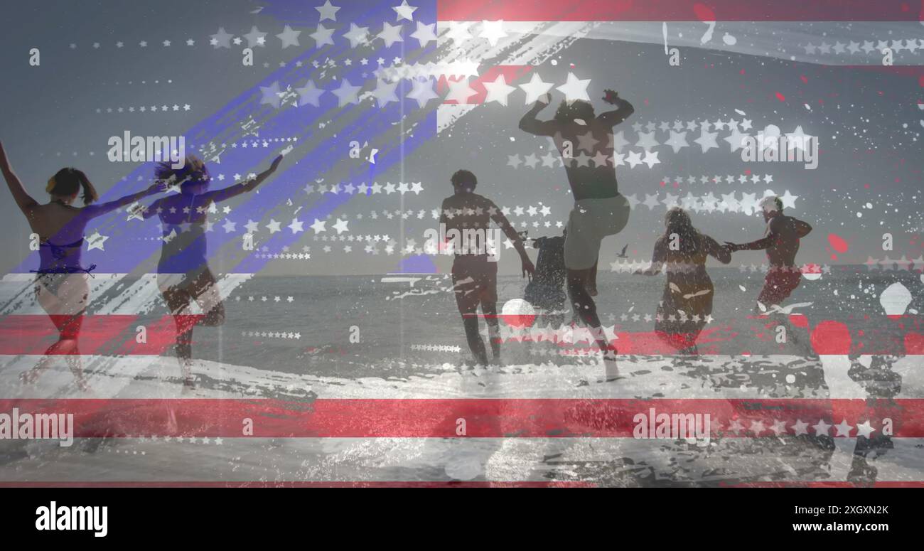 Image of flag of usa over happy diverse friends on beach in summer ...