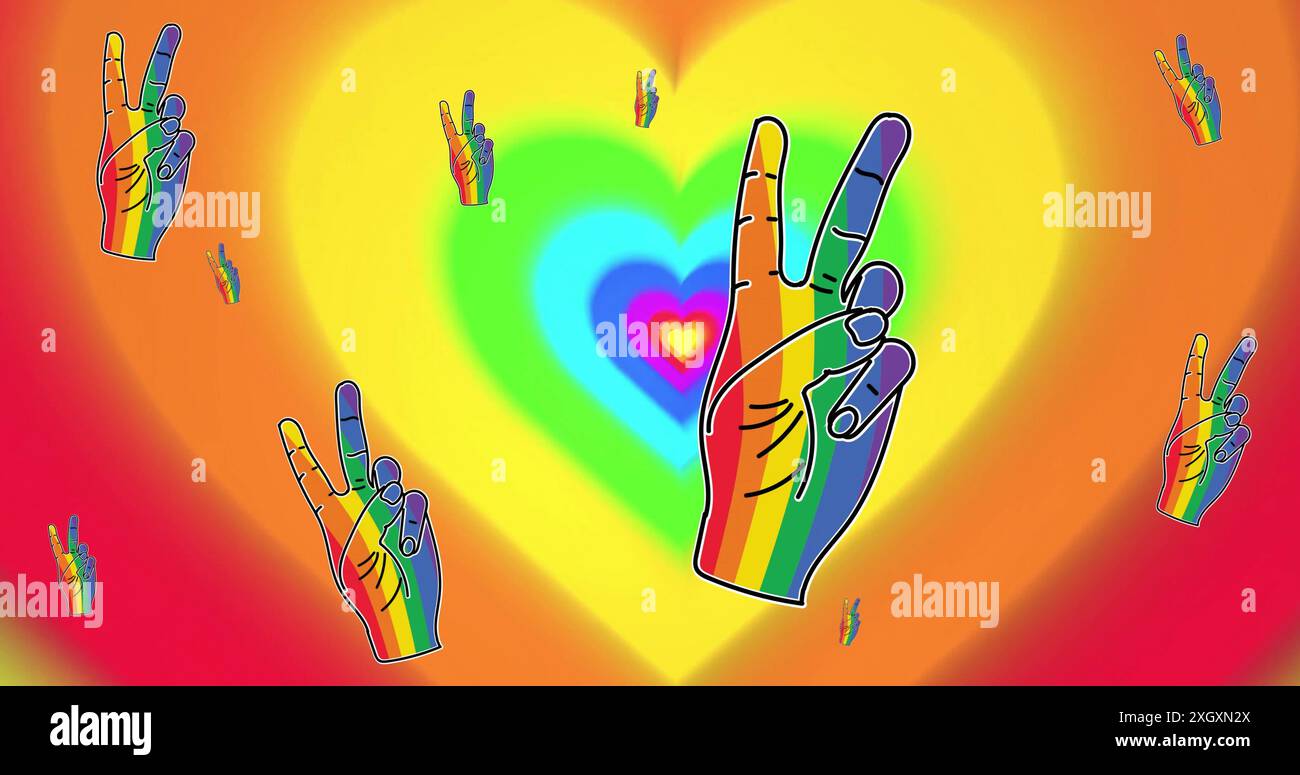 Image of rainbow hand with victory gestures and rainbow color hearts in ...