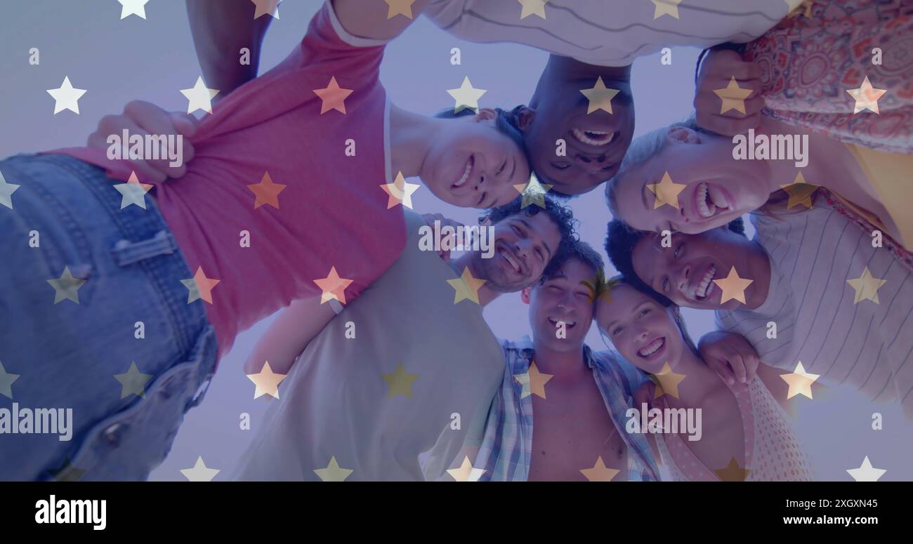 Image of flag of usa over happy diverse friends on beach in summer ...