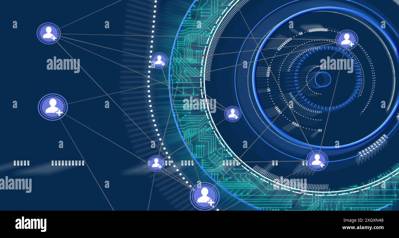 Image of scope scanning over network of connections with icons Stock Photo - Alamy