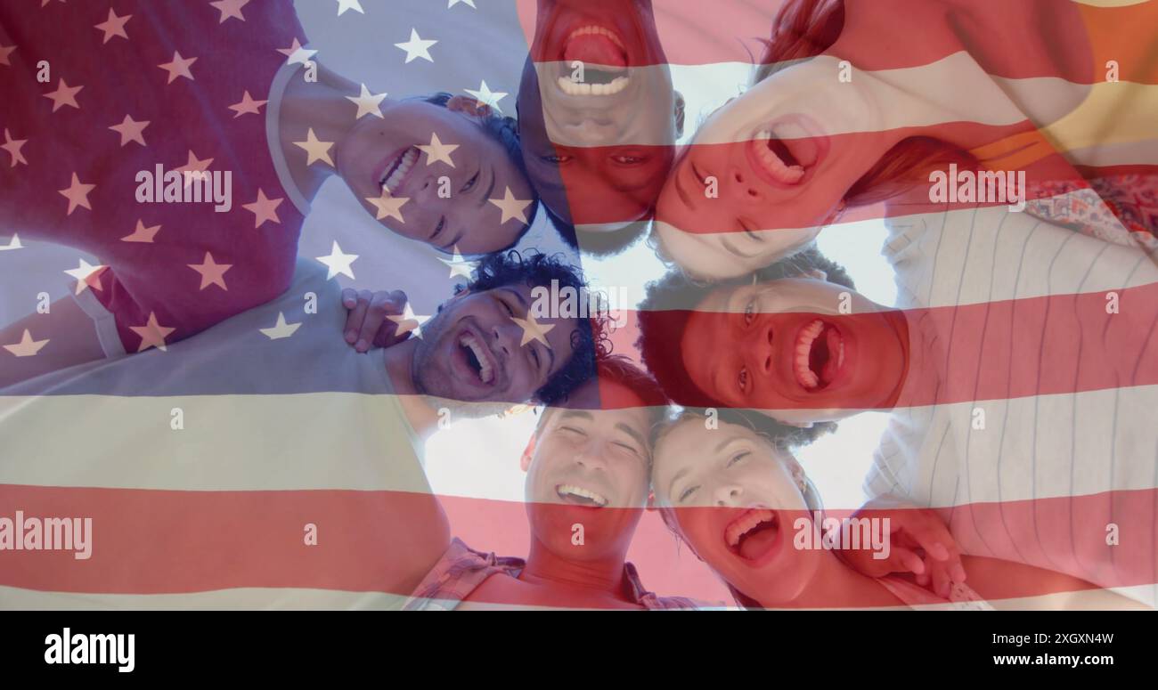 Image of flag of usa over happy diverse friends on beach in summer ...