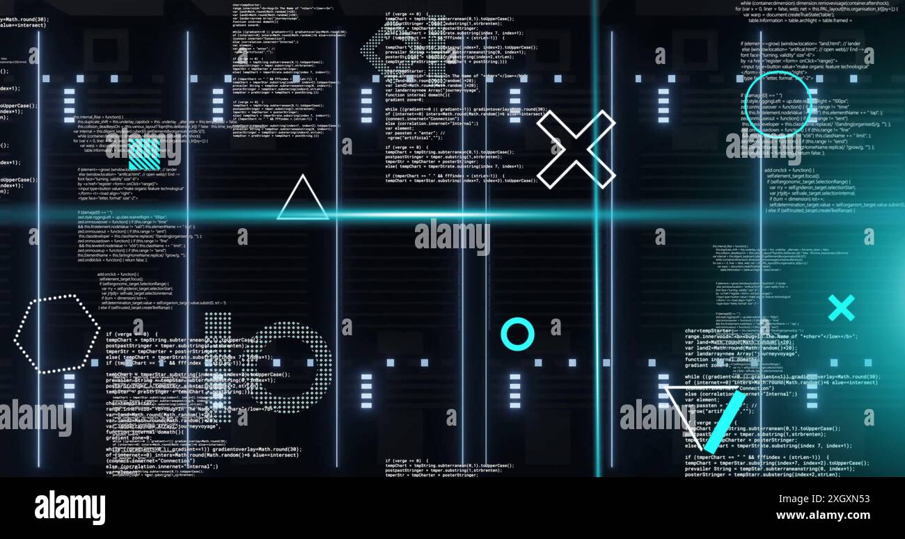 Image of rotating shapes and blue scanner beams over data processing on black background ...