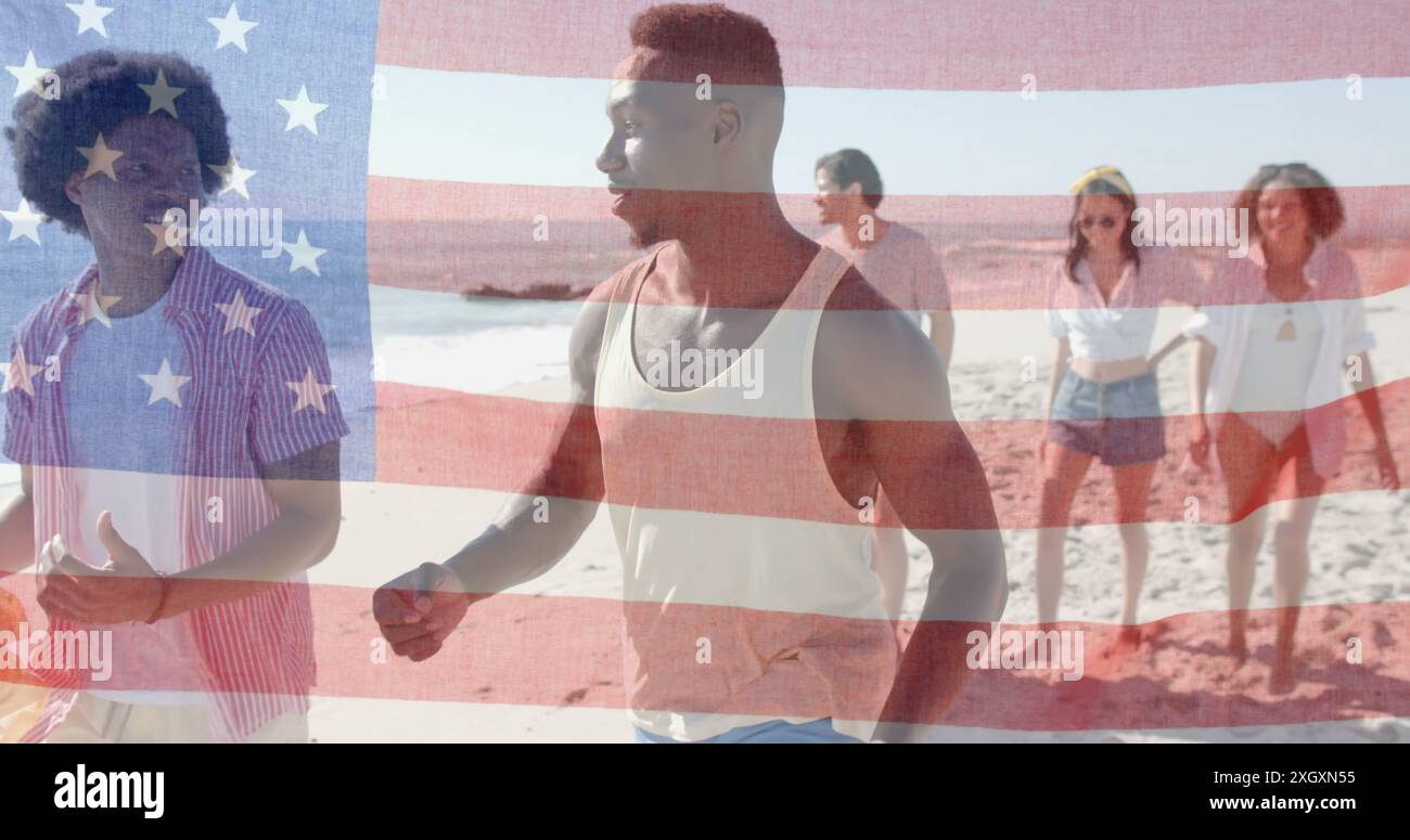 Image of flag of usa over happy diverse friends recycling on beach in ...