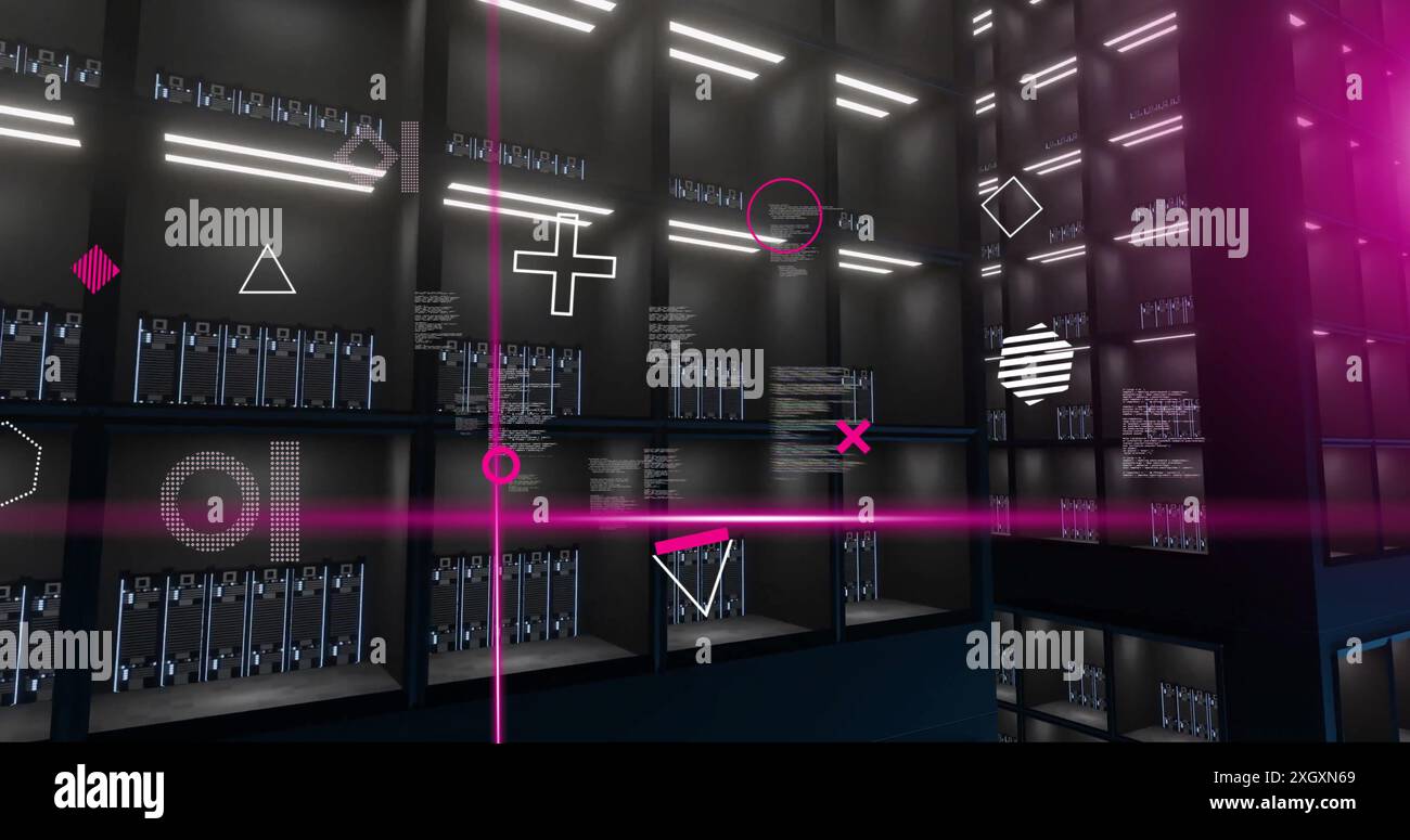 Image of rotating shapes and pink scanner beams processing over dark computer server room ...