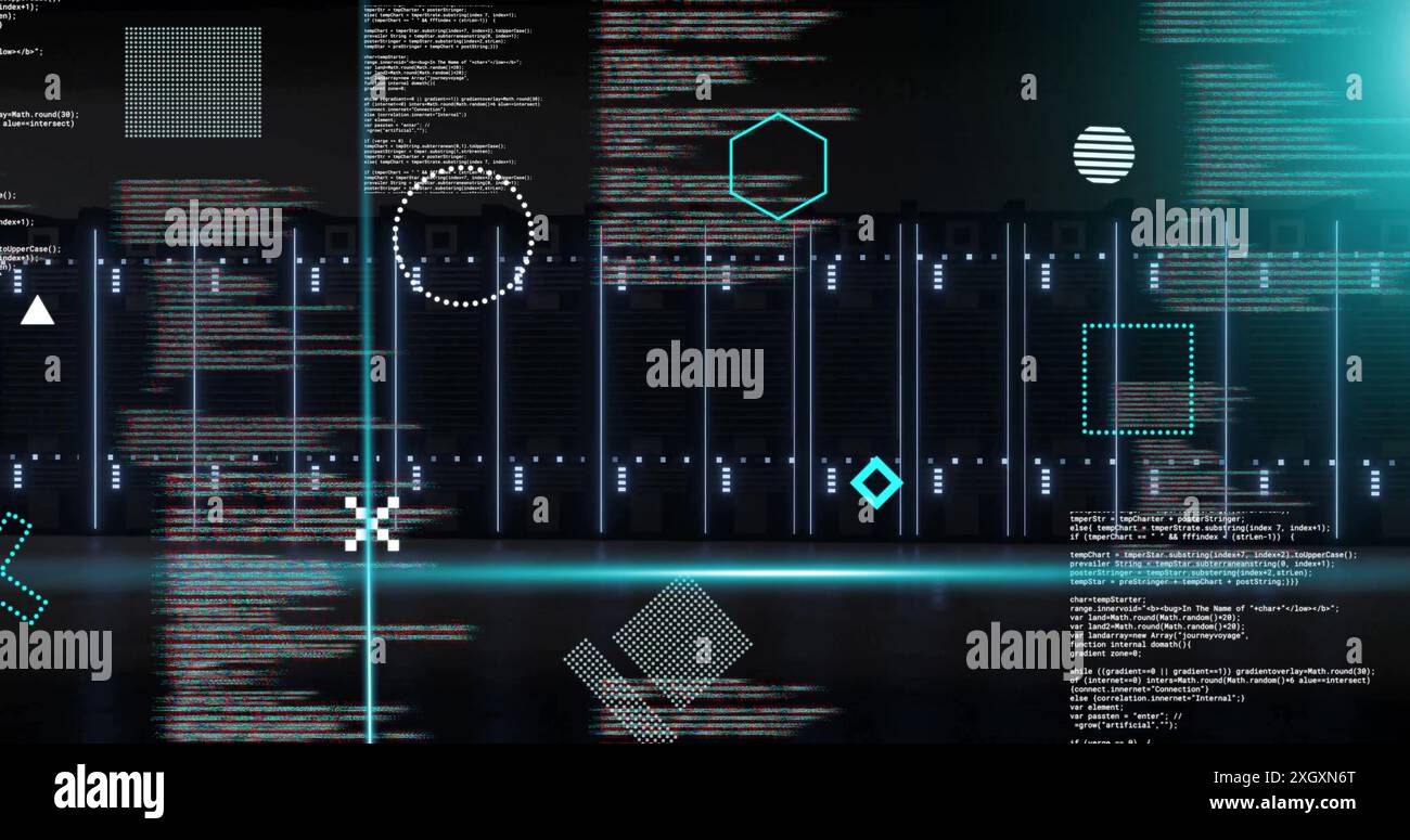Image of rotating shapes and blue scanner beams over data processing on black background Stock ...