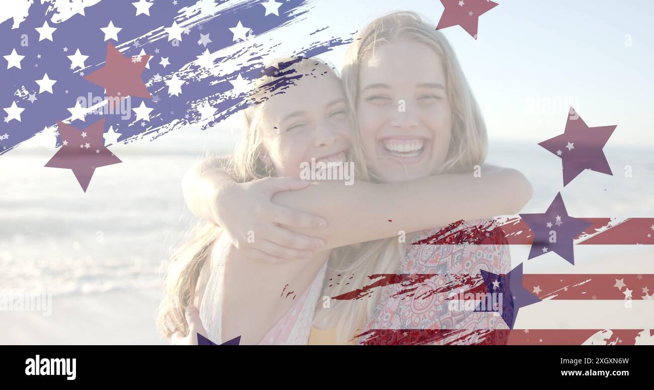 Image of flag of usa and stars over caucasian female friends on beach ...