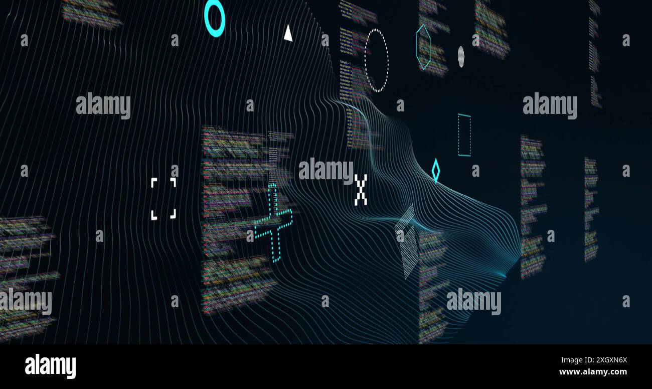 Image of rotating shapes and network wave over data processing on black background. Connection ...