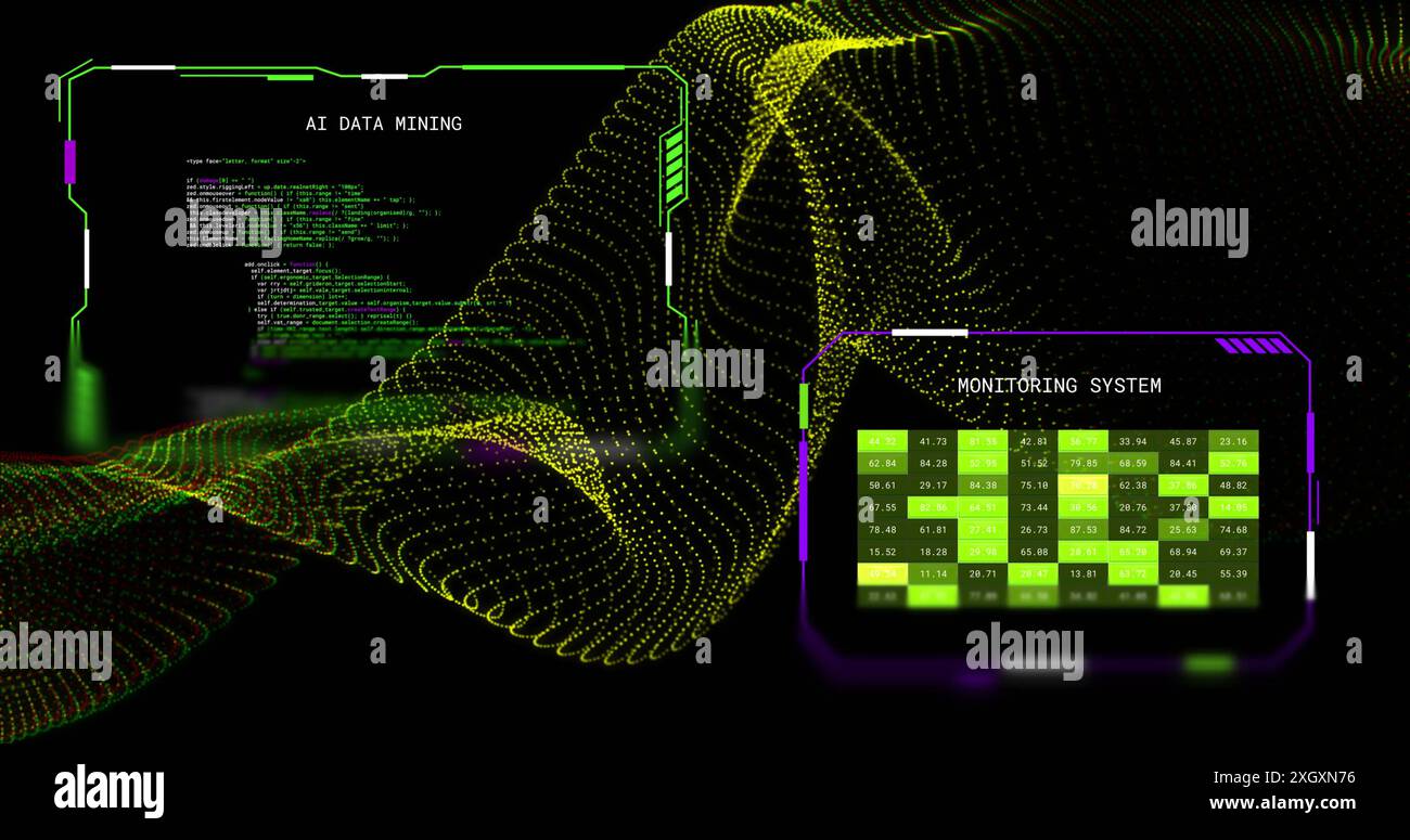 Image of yellow 3d network and interfaces ai data mining and monitoring system, on black ...