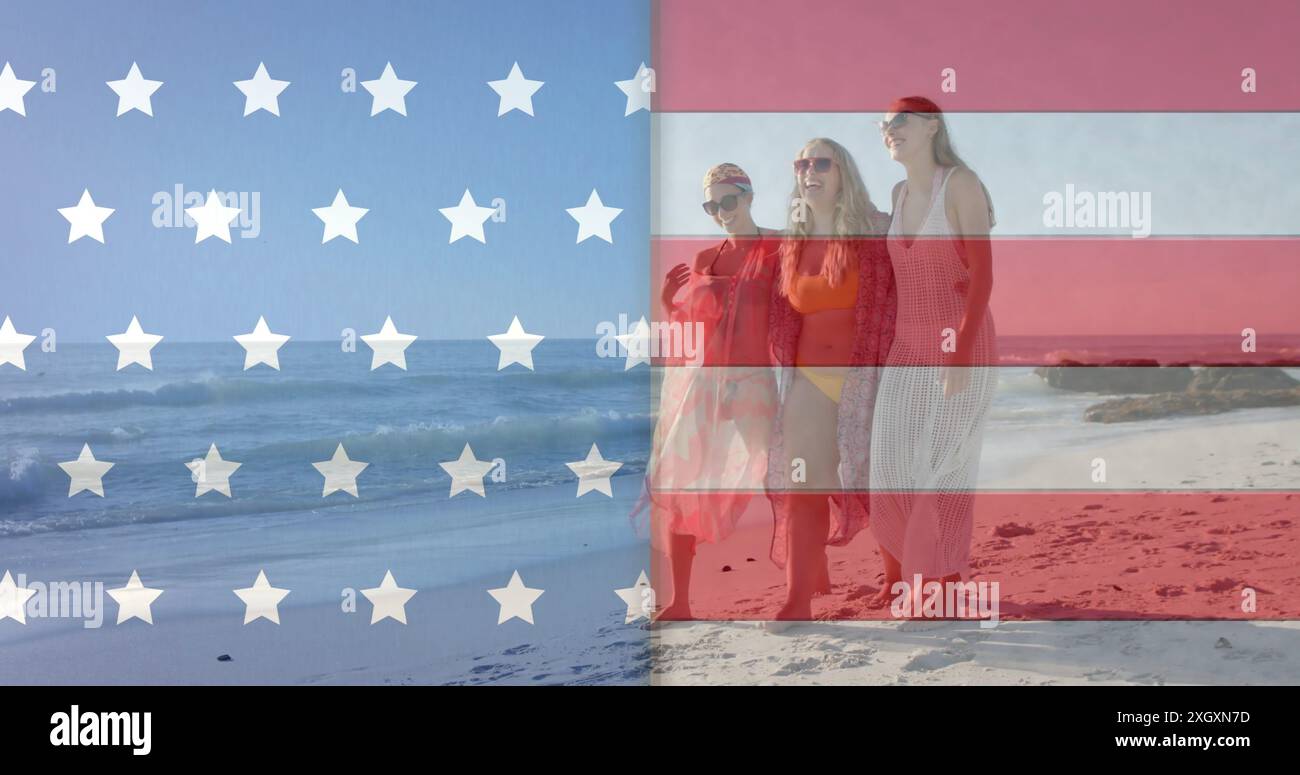 Image of flag of usa over happy diverse friends on beach in summer ...