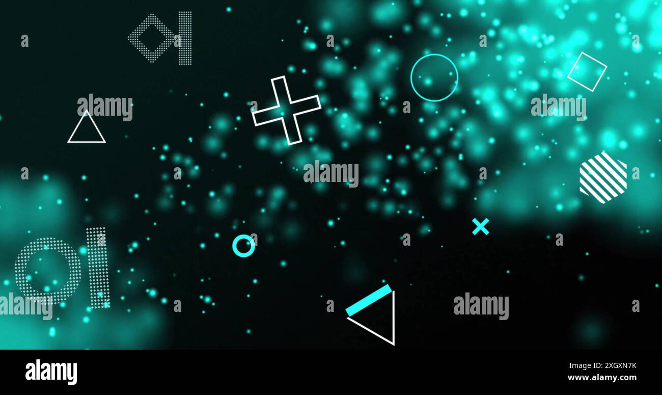 Image of rotating shapes over glowing blue light particles on black background. Connection, data ...