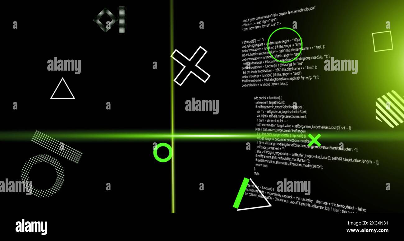 Image of green scanner beams and rotating shapes over data processing ...