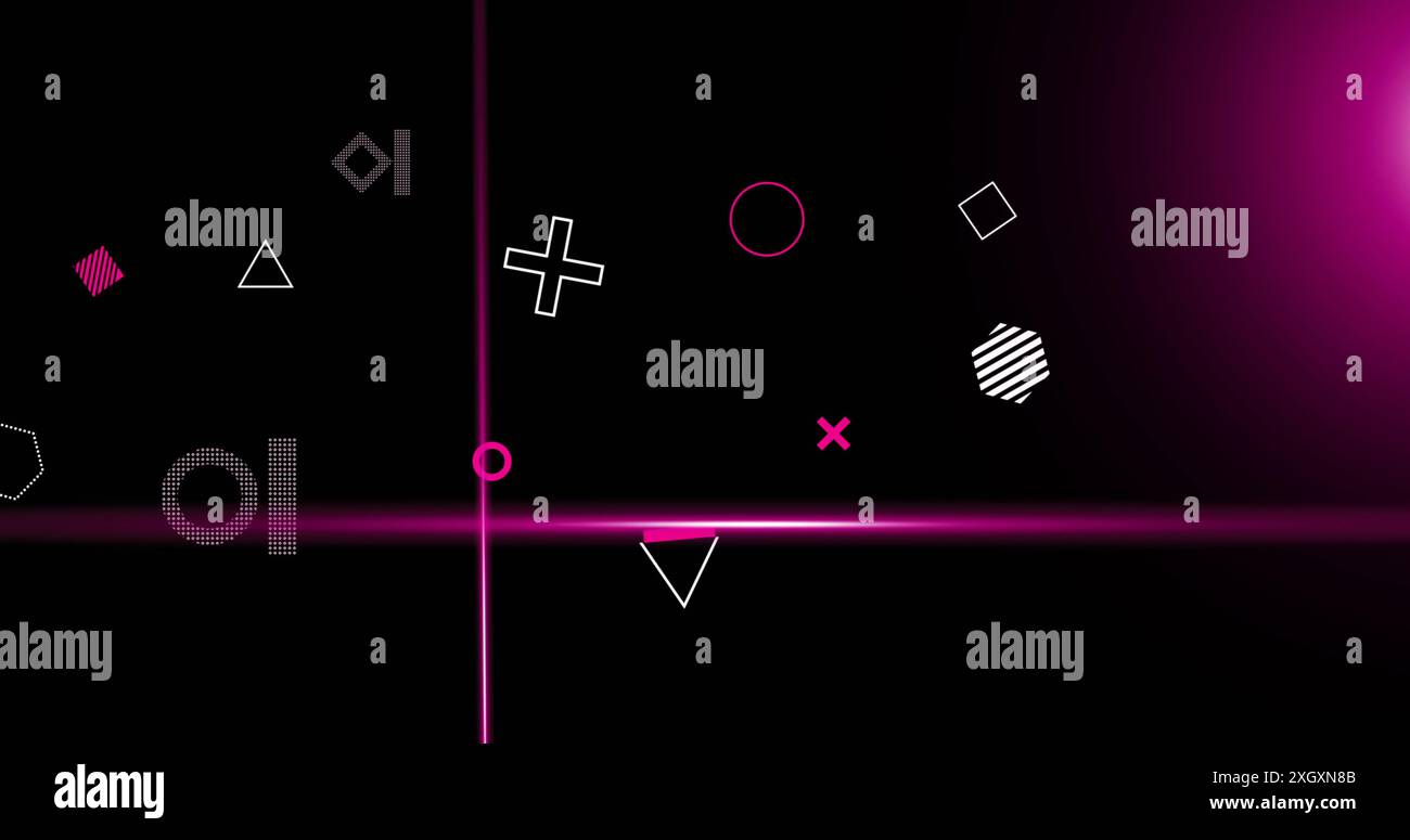 Image of rotating shapes and pink scanner beams processing on dark background. Connection, data ...