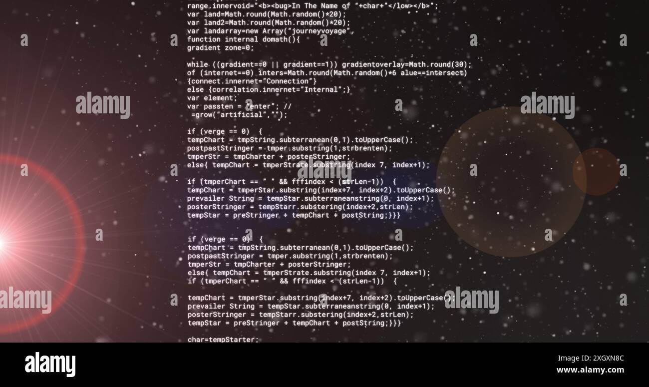 Image of glitching data processing over bokeh spotlights and white lights on dark background ...