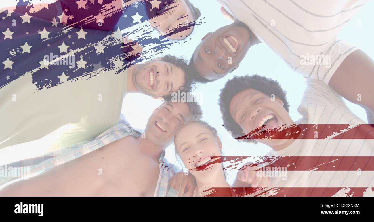 Image of flag of usa over happy diverse friends on beach in summer ...