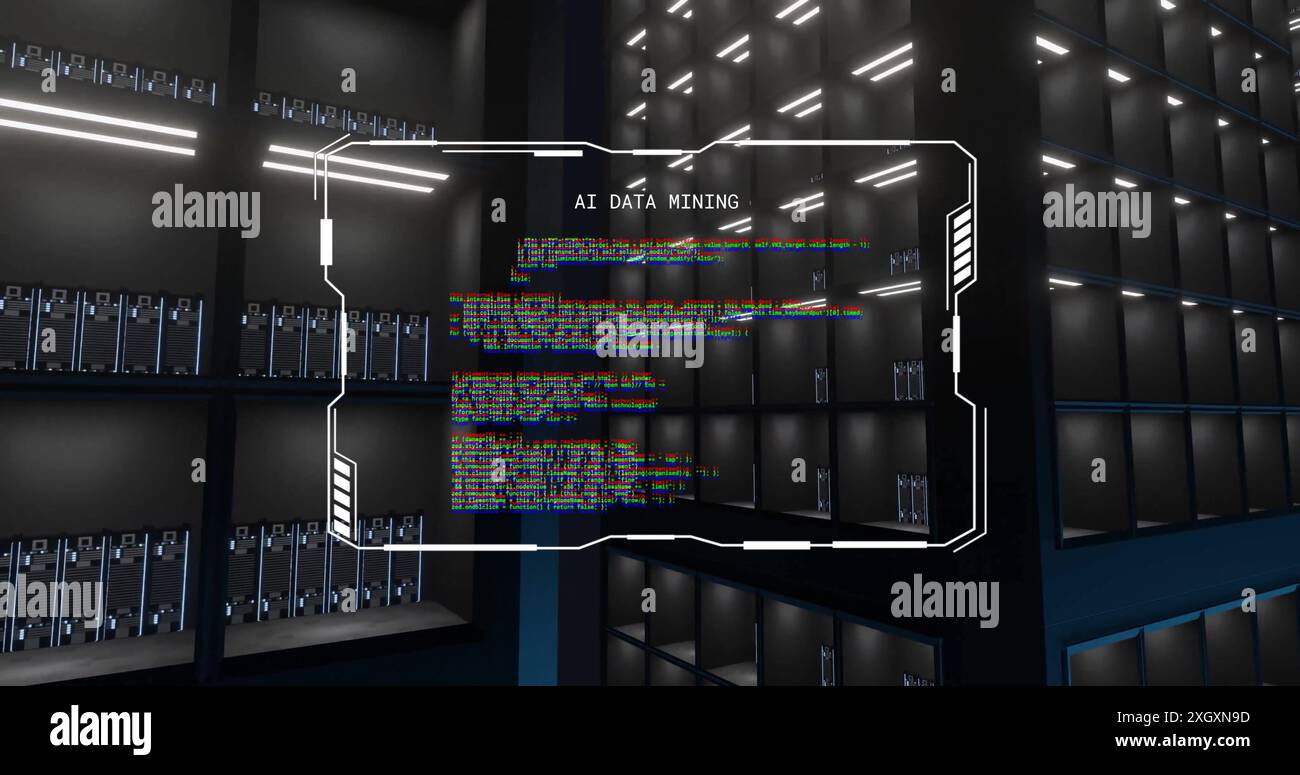 Image of ai data mining text on processing file over dark computer server room. Connection, data ...