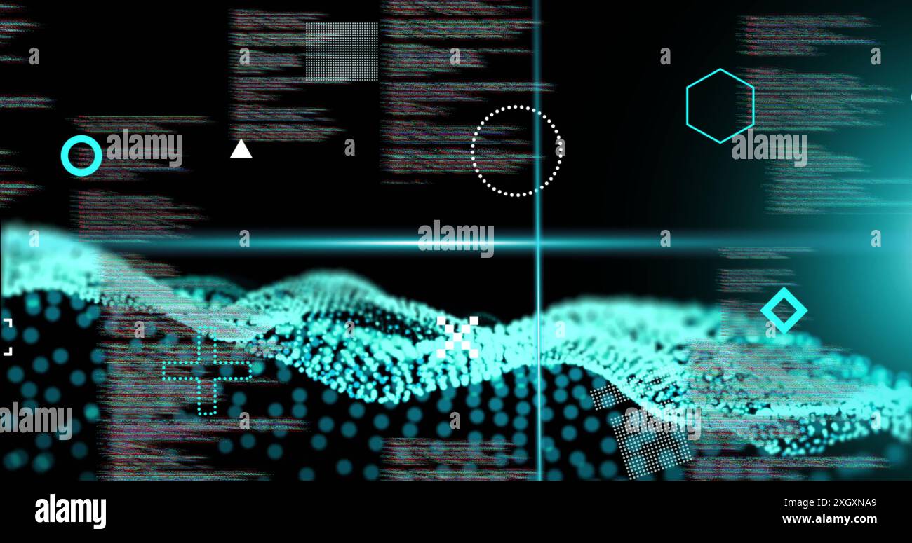 Image of blue scanner beams, rotating shapes and network waves over data processing on black ...
