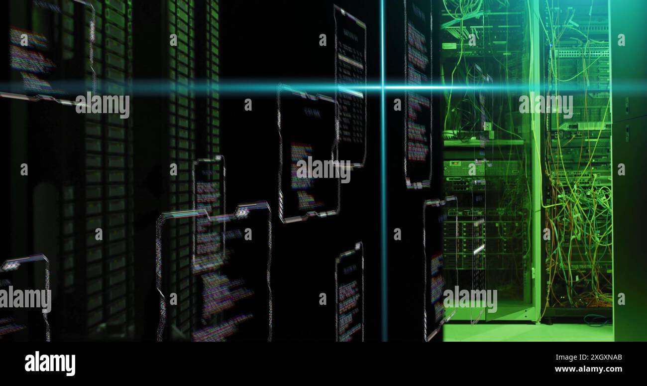 Image of blue scanner beams and interfaces processing data over ...