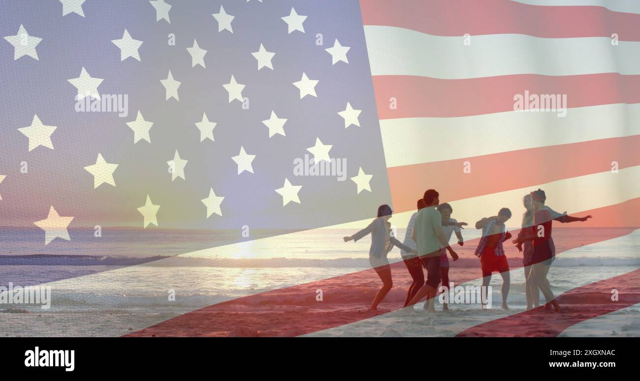 Image of flag of usa over diverse friends walking on beach. Patriotism ...