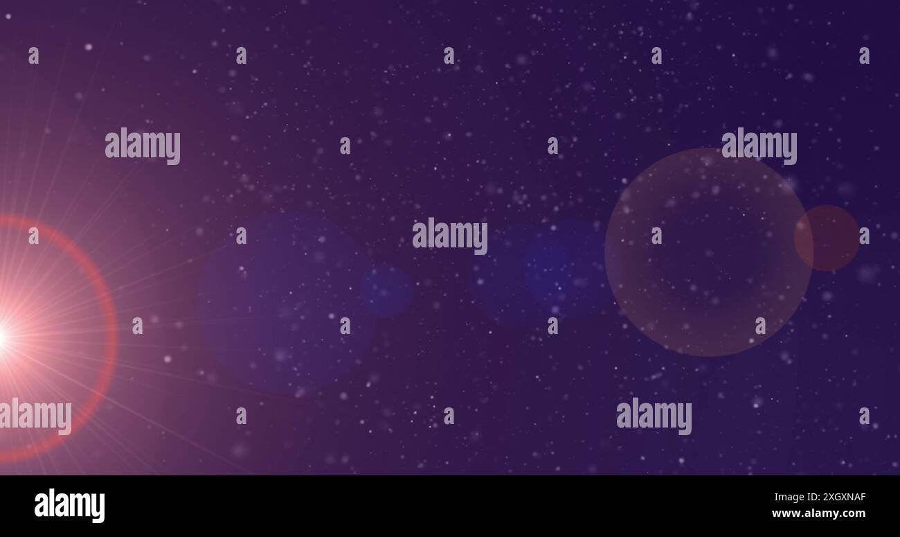 Image of falling white lights over red and blue bokeh spotlights on dark background. Connection ...