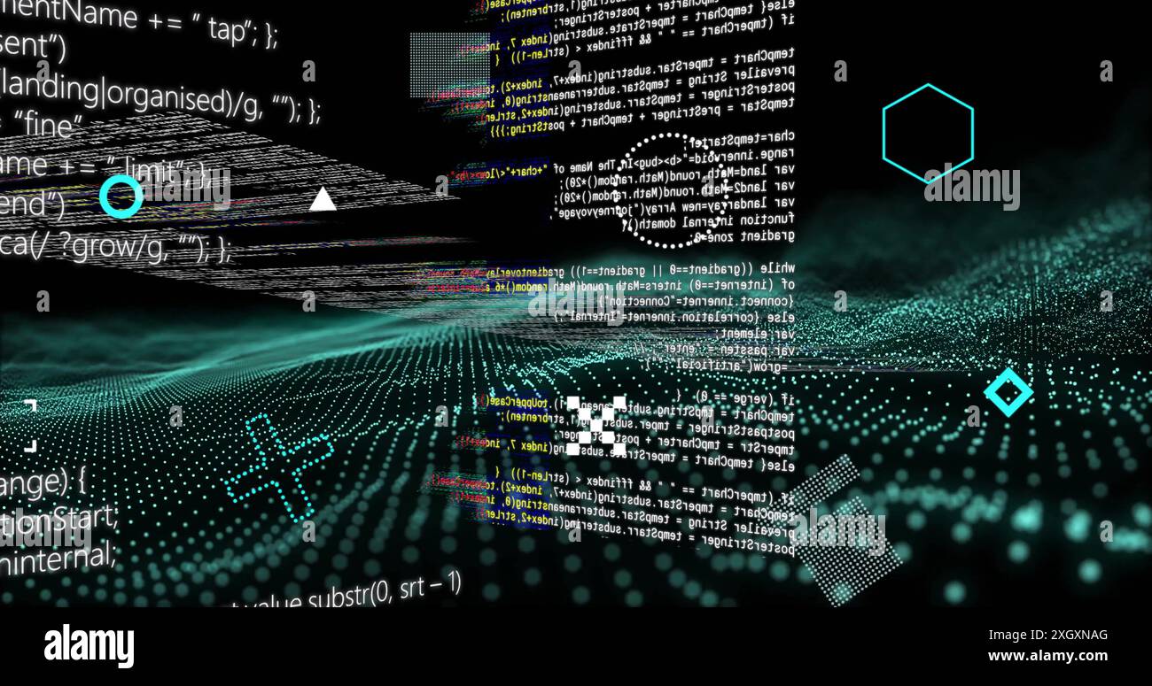 Image of rotating shapes over blue network waves and data processing on black background Stock ...