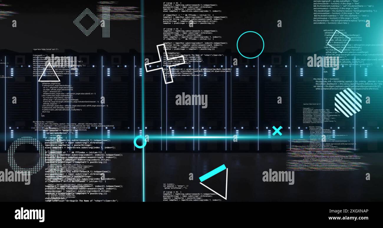 Image of rotating shapes and blue scanner beams over data processing on black background ...