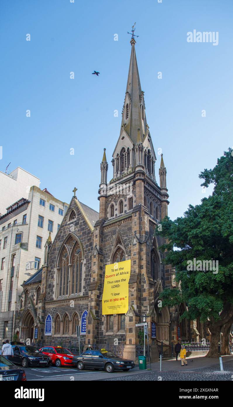 The facade of the single tower Central Methodist Church with a LGBT ...